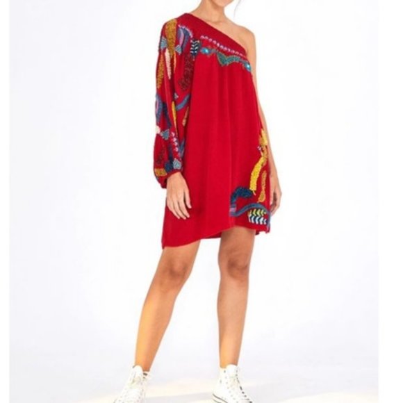 FARM Rio | Dresses | Farm Rio Embroidered Silk One Shoulder Mini Dress ...